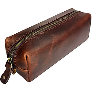 RUSTIC TOWN Leather Pencil Case - Handcrafted Full-Grain Zipper Leather Pen Pencil Holder - Elegant & Practical Pencil Pouch for Work & Office