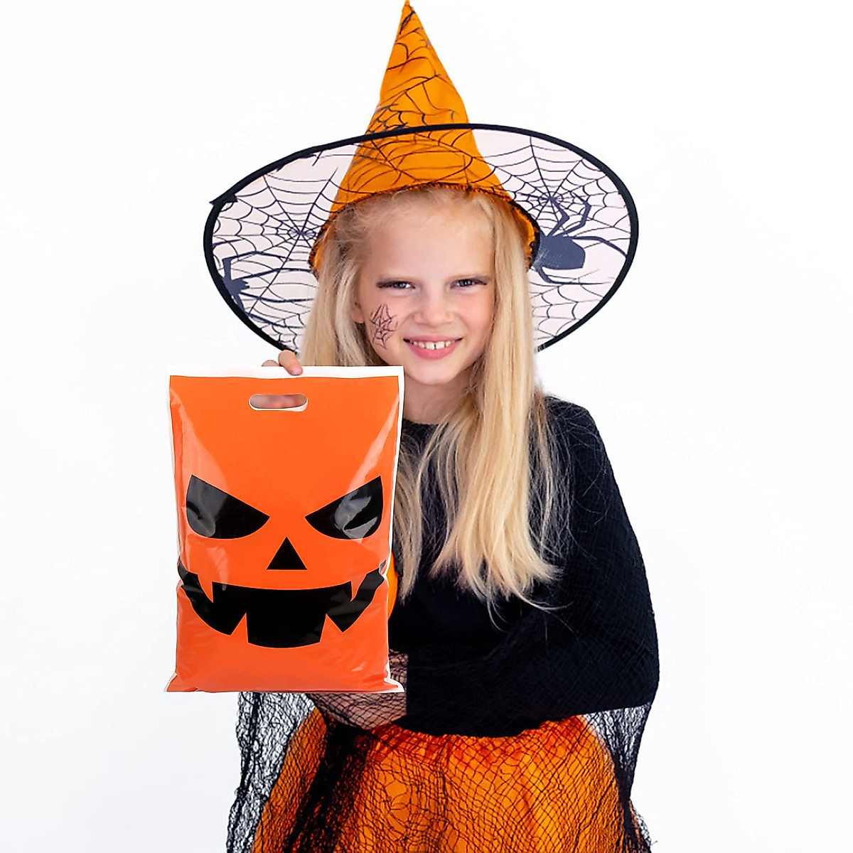 STEFORD 72PCS Large Halloween Pumpkin Face Trick or Treat Plastic Candy Bags,Jack-O-Lantern Halloween Goodie Bags Halloween Party Favors,11"x17"