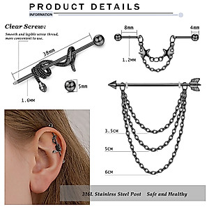 JOERICA Industrial Piercing Jewelry 14G 16G Stainless Steel Industrial Earrings with Chain Dangle Industrial Piercing Bar Double Cartilage Helix Piercing Earrings Industrial Barbell for Women Men