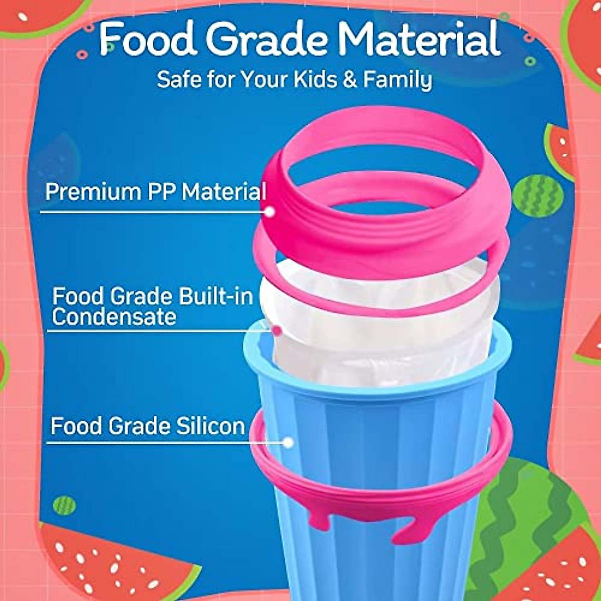 Slushy Maker Cup - Upgraded 500ML Magic Quick Smoothie Cup, Homemade Slush and Shake Maker, Double Layer Silica Pinch Cup with Spoon & Cleaning Brush for Ice Cream Maker, Milkshake, Summer - Blue New