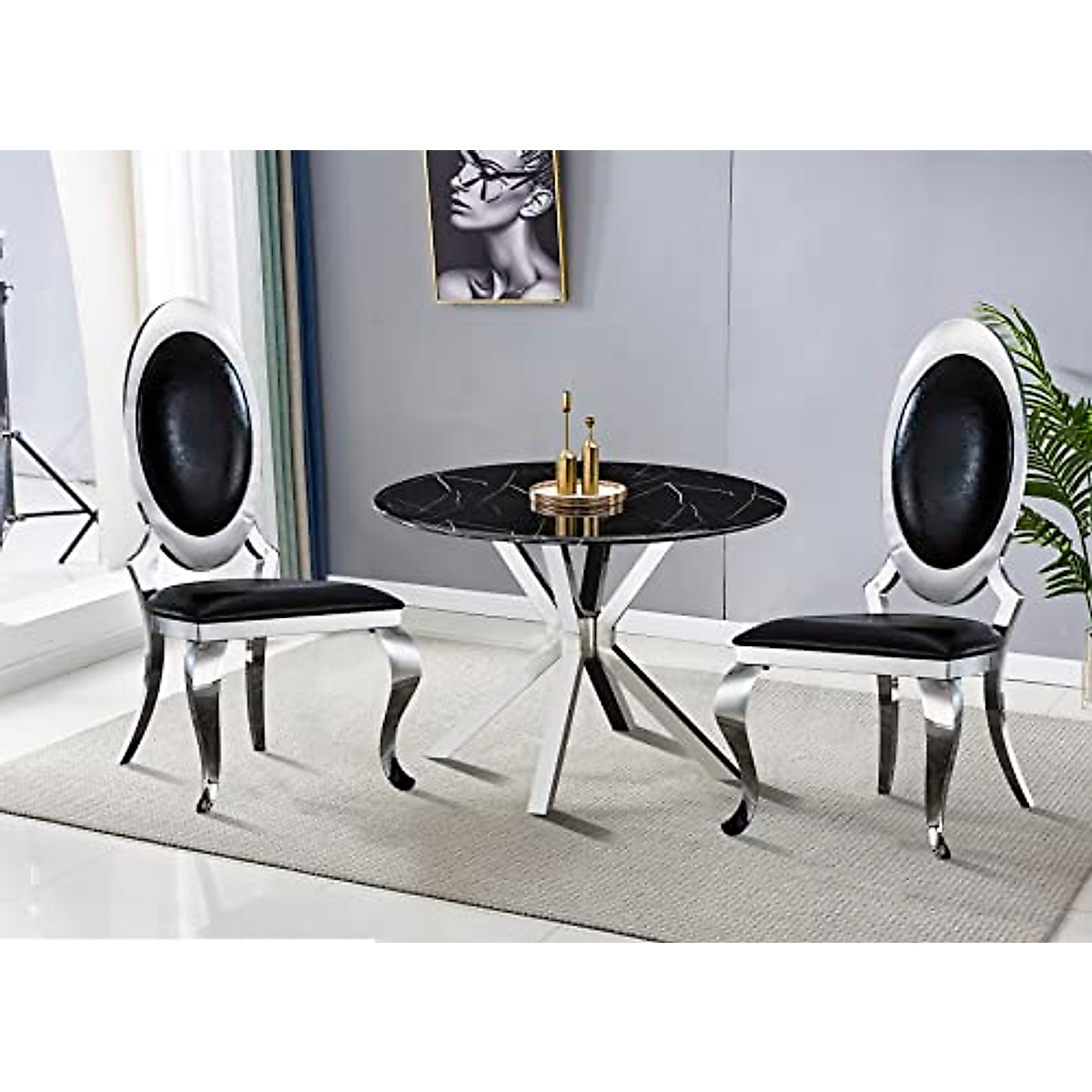 Goderfuu Dining Chairs Set of 4 - Modern Dining Chairs with Silver Stainless Steel Legs, Faux Leather Dining Chairs with Oval Back, Upholstered Dining Chairs Kitchen Chairs for Dining Room Chairs