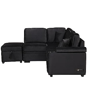 Eafurn 87.4" L Shaped Convertible Sectional Pull-Out Bed, Linen Upholstery Corner Storage Ottoman and Cup Holder & Dual USB Charge, 5 Seater Sofa & Couch for Living Room, Black w/ 2 Pillows
