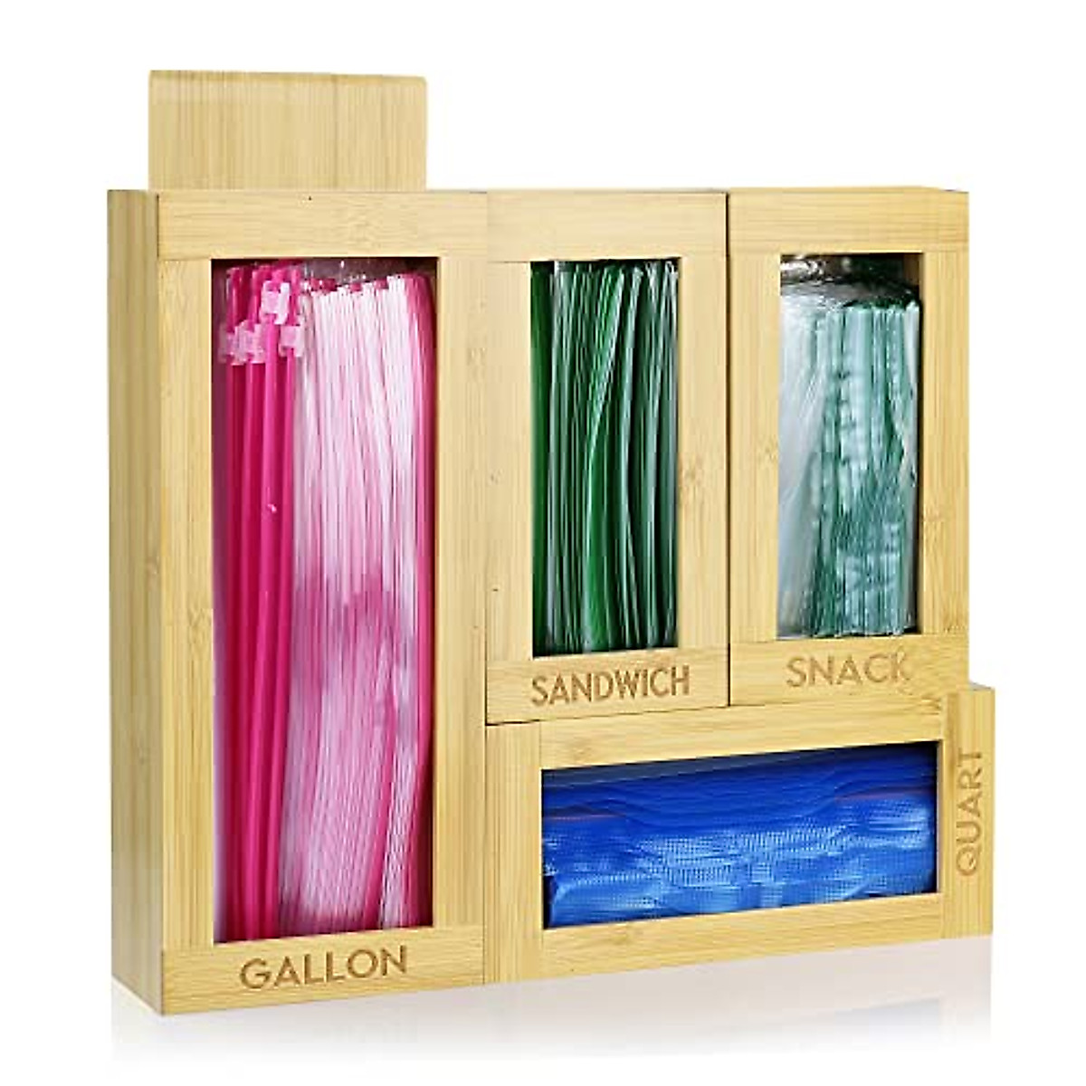 MOOTCHA Bamboo Ziplock Bag Organizer for Kitchen Drawer w/Bigger Quart Size - Food Storage Bag Organizer compatible w/Slider/Freezer Bags - Snack, Quart, Sandwich, and Gallon Bags Dispenser