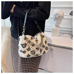 2022 New Leopard Print Plush Shoulder Cross-body Bag Fashion Chain One-shoulder Armpit Tote Y2K Purse Hobo Bag (Beige)