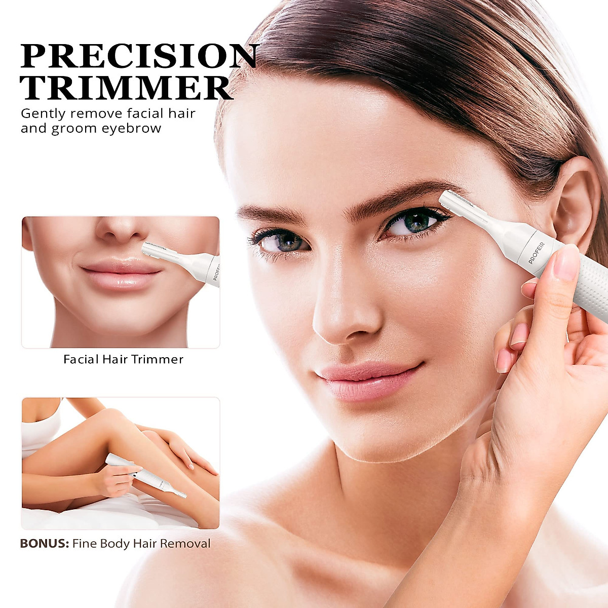 Profeir Women's 2-in-1 Eyebrow Trimmer and Hair Remover, USB Rechargeable, Stainless Steel, Includes 2 Interchangeable Heads, Perfect for Travel and Home Use