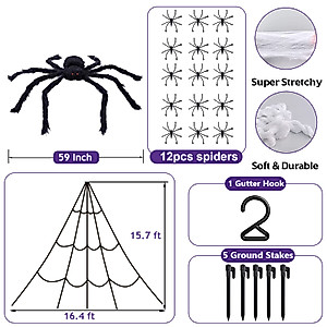 200" Halloween Giant Spider Web Decoration+59" Huge Spider+12 Mini Fake Spiders and Stretch Cobwebs, Fake Spiders with Triangular Spider Web for Indoor Outdoor Halloween Yard Home Haunted House Decor