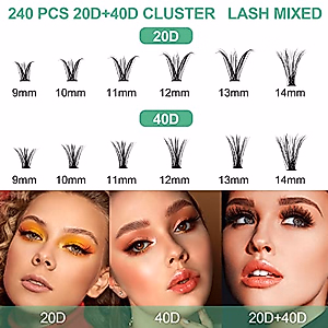 Fenshine Cluster Eyelash Extensions 240pcs 20D/40D Cluster Eyelashes Mixed, Natural False Eyelashes Cluster Soft Individual Lashes Clusters