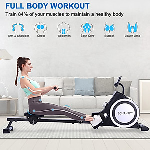 ECHANFIT Magnetic Rowing Machine with 350 LB Max Capacity Foldable Rower for Home Use, Bluetooth Fitness App with LCD Monitor for Full Body Workout