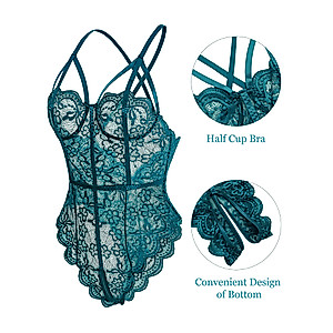 klier Lingerie for Women One Piece Teddy Floral Lace Bodysuit Babydoll Chemise Sleepwear Dark Green