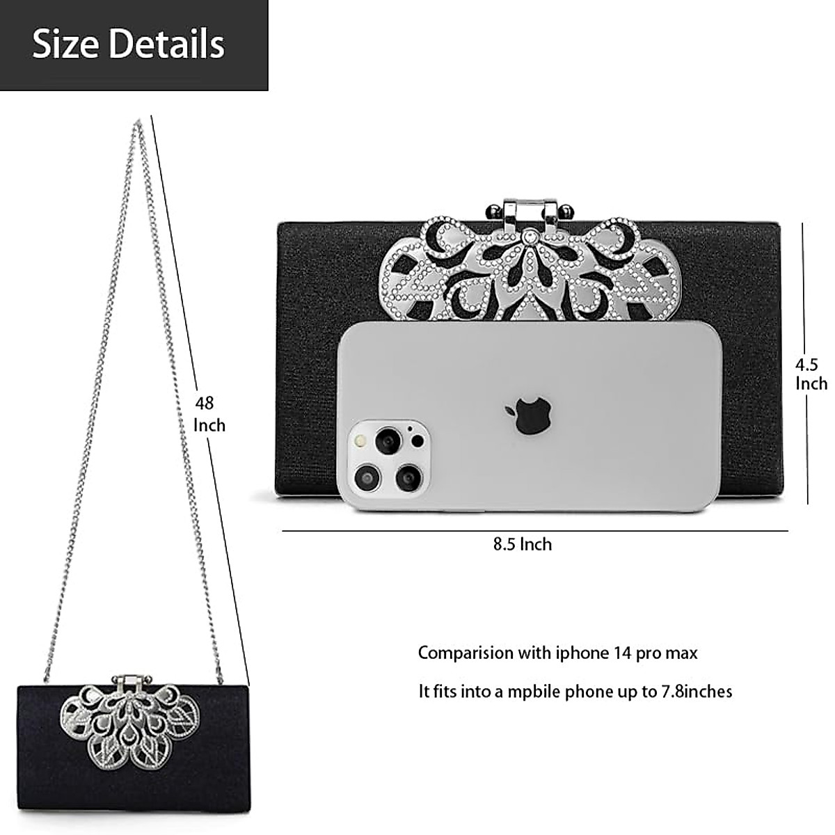 Evening Clutch Purses for Women Sparkly Rhinestone Crystal Evening Handbag Shoulder Bag Formal Party Wedding Purse (Black -Glitter)