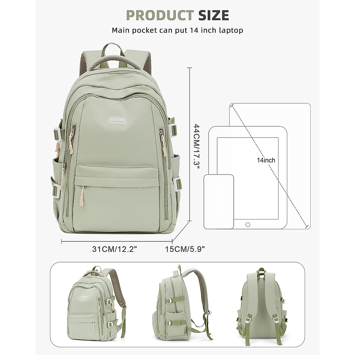 BOXSAM Lightweight Backpack for Women, Large Laptop Travel Backpack Casual Daypack College Bag Rucksack for Men. Green