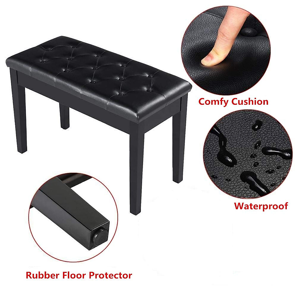 Haicool TOYEEKA Black 29'' Solid Wood PU Leather Double Duet Piano Stool Keyboard Bench with Storage， Load 440lb