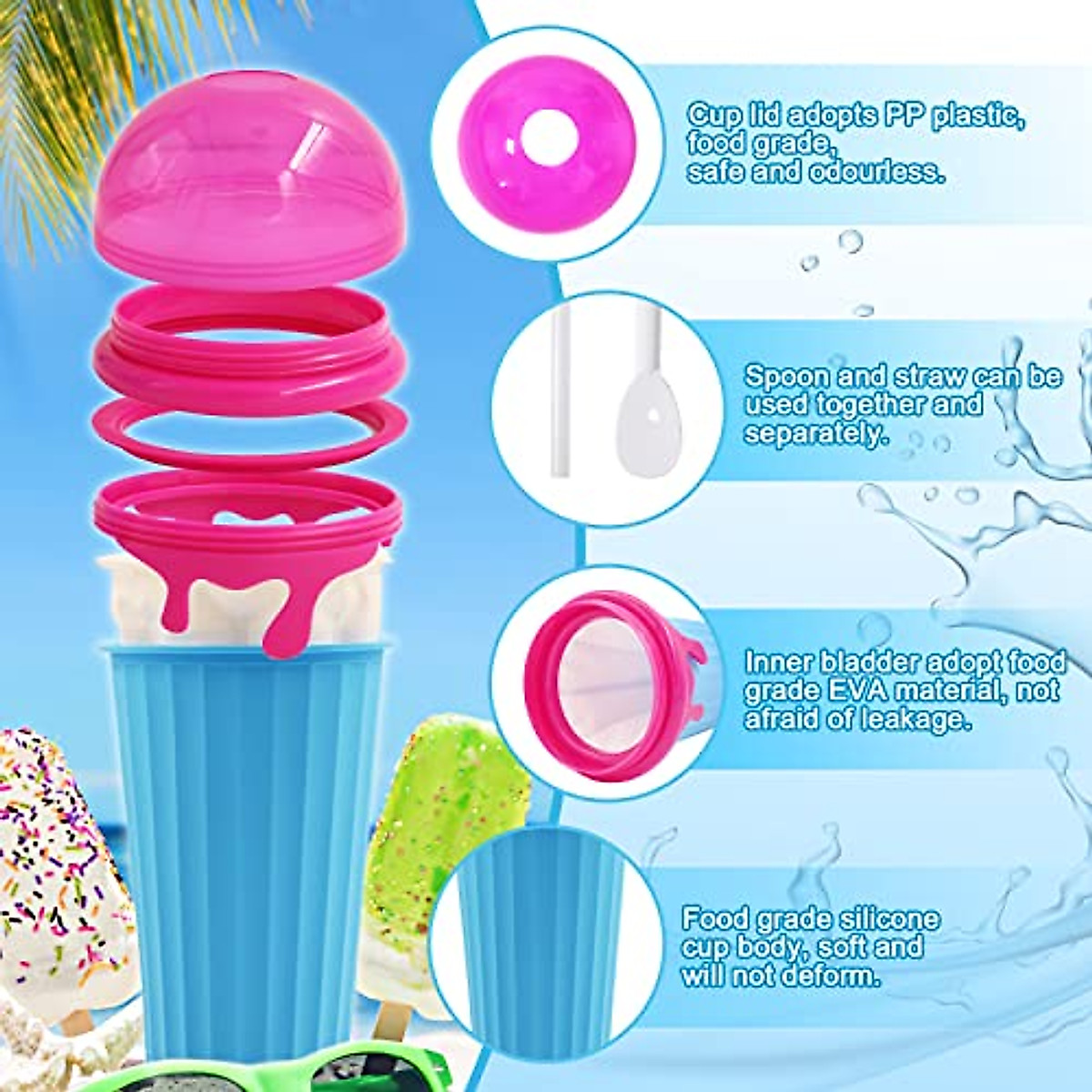 [Upgraded 500ml] 2-Pack Slushie Maker Cup, Large Capacity 16.9 Fl.Oz Silicone Squeeze Cup, TIK TOK Magic Quick Frozen Smoothie Cups with Lids and Straws For Kids & Adults, DIY BPA Free Quick Cooling Slushy Maker Cup