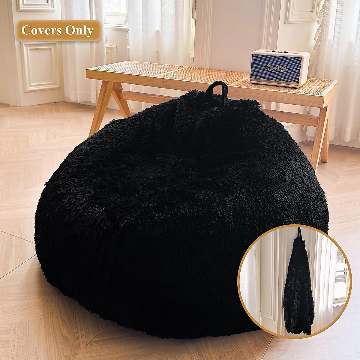 XeGe Fluffy Stuffed Animal Storage Bean Bag Chair Cover (No Filler), Faux Fur Washable Ultra Soft Bean Bag Cover for Plush Toys or Textile, Plush Shaggy Large Bean Bag for Adults Kids Teens, Black