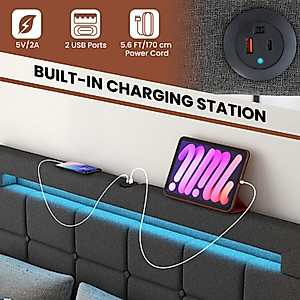 Giantex Twin Bed Frame with LED Lights and 4 Drawers, Upholstered Platform Bed Frame with USB Ports, Tufted Adjustable Headboard Design, Solid Wooden Slat Support, No Box Spring Needed