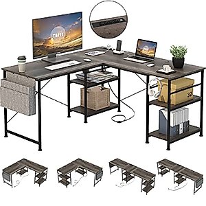 Tbfit L ShapedDesk with Storage Shelves,95.2 Inch Reversible Coner Desk Office Desk for Small Space,Large Computer Gaming Desk Workstation with Power Outlet,2 Person Long Writing Study Table(Gray) …