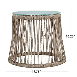 GDFStudio Outdoor Side Table, Steel and Rope, Tempered Glass Table Top, Boho, Brown