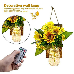 Mason Jar Sconces, Farmhouse Home Decor, Rustic Wall Sconces, LED Fairy Lights, Sunflower, Interior Decoration Warm Toned Lighting. (2 Pack)(with Remote Control)