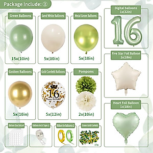 Sweet 16 Party Decorations, Sage Green 16th Birthday Decorations for Girls Sweet 16 Birthday Banner Green Gold Balloons Crown Sash Fringe Curtain Tablecloth Cake Topper for Girls 16th Birthday Decor