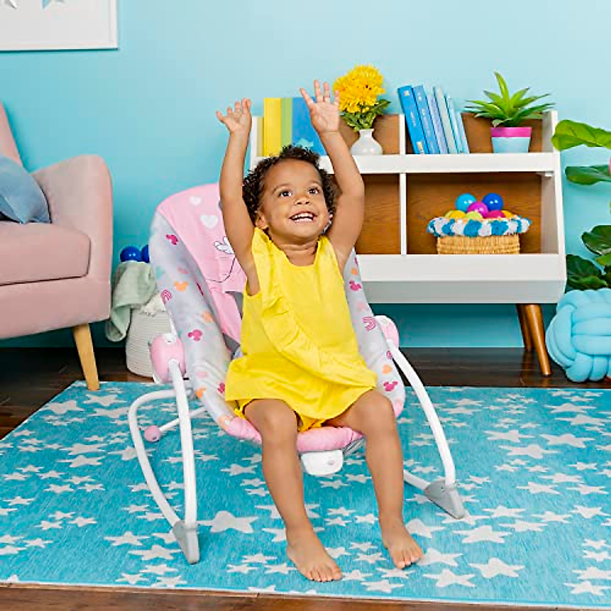 Bright Starts Disney Baby Minnie Mouse Infant to Toddler Rocker with Vibrations and Removable-Toy Bar - Forever Besties, Newborn +