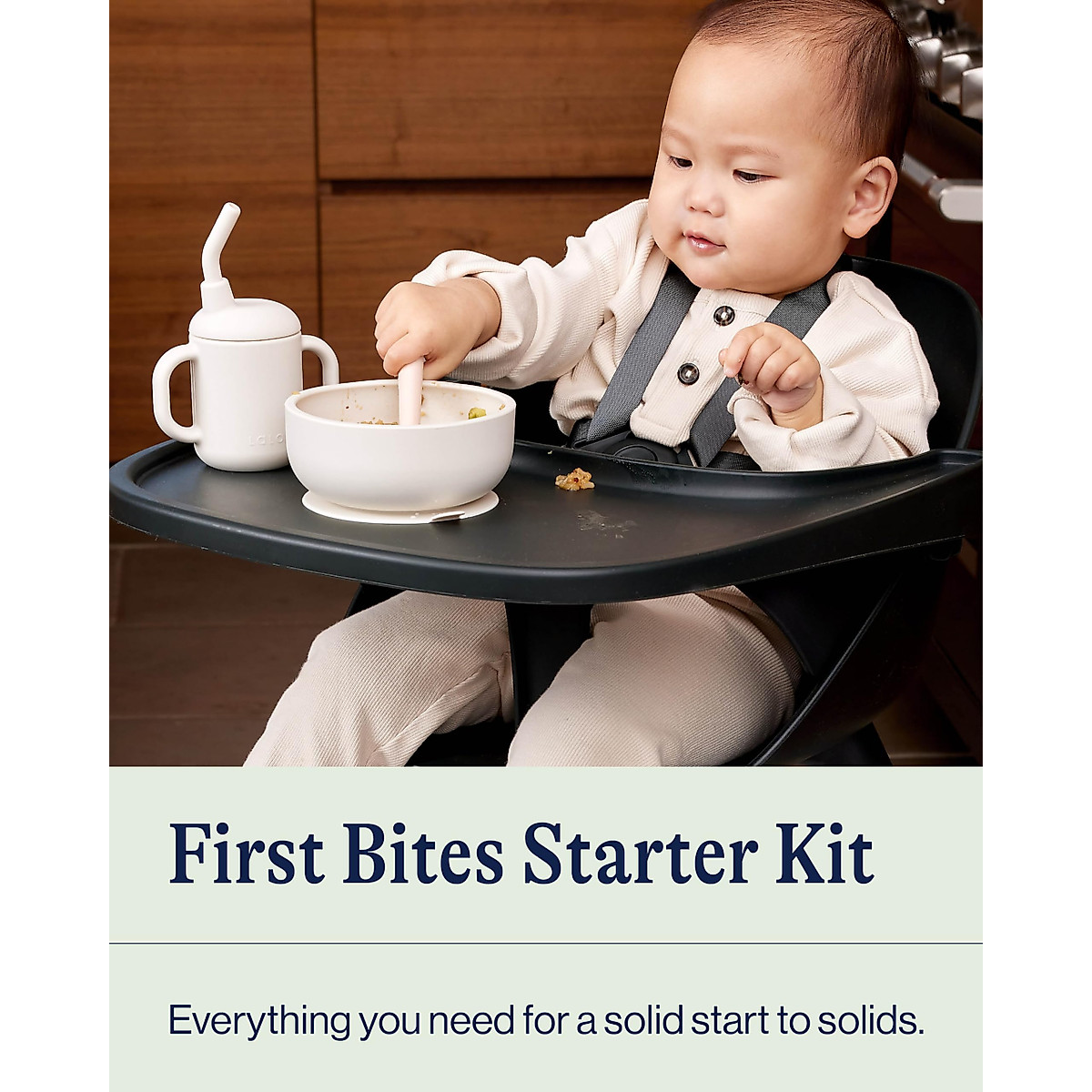 Lalo First Bites Silicone Baby Feeding Set - Baby Led Weaning Supplies - Non-Toxic Silicone - Includes 2 Spoons, Training Cup, & Suction Bowl - 4 Pieces - Sage