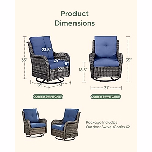 HUMMUH Outdoor Swivel Rocker Wicker Patio Chairs Set of 2, Rattan Rocking Chair Furniture Set (Grey,Blue)