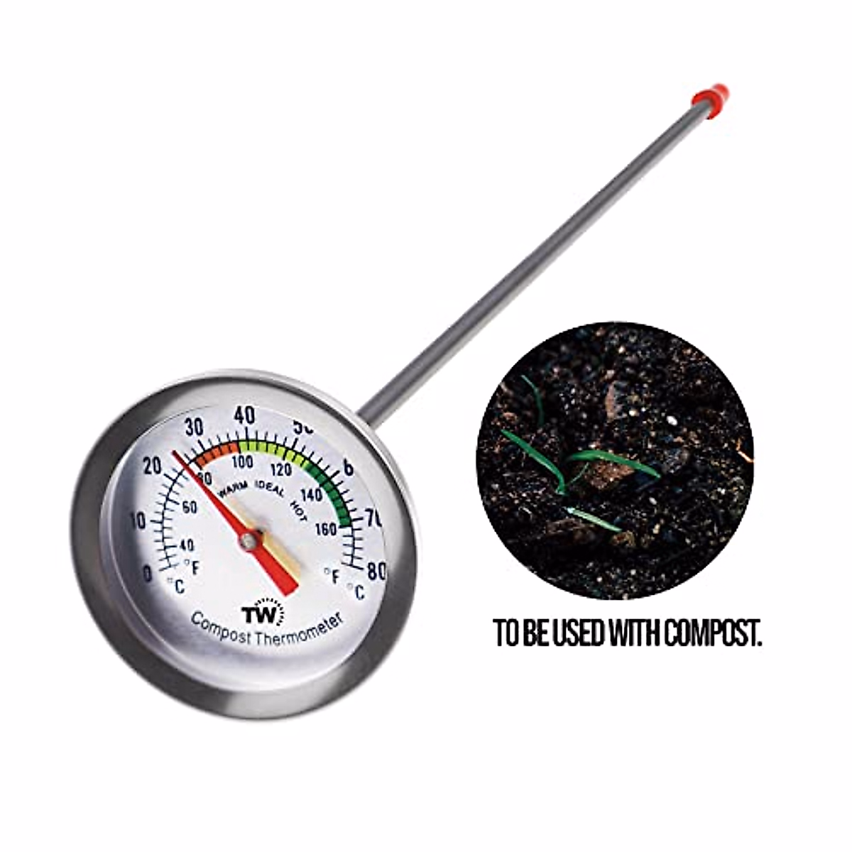 Compost Thermometer Stainless Steel Dial - Ideal Composting Soil Thermometer with 50MM Diameter C and F Dial and 295MM Compost Temperature Gauge Probe