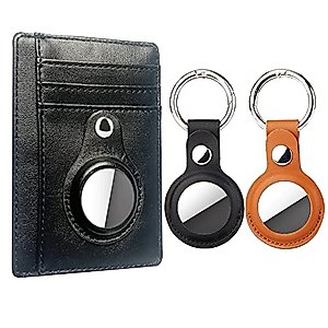 Compatible with Apple Airtag Wallet + Holder (2 Pack), Air tag Wallet for Men Women with Keychain Leather, Slim Card Holder, Mens Wallet with Holder Small and Thin, Black
