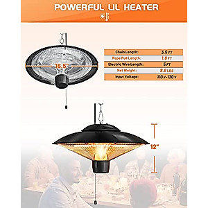 PIAOMTIEE Electric Patio Heater, Waterproof Hanging Patio Heater, Infrared Porch Heater Ceiling Hanging Heaters for Indoor Outdoor Use, Black Balcony Heater with 2 Adjustable Modes 600W/1500W