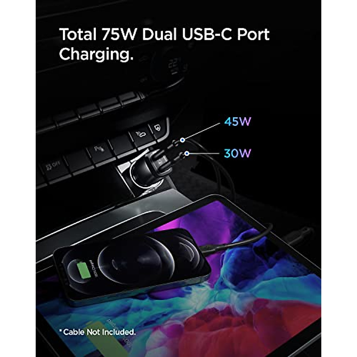 Spigen USB C Car Charger 75W Dual Ports PPS 45W PD 30W Super Fast Charge Car Adapter for Galaxy S23 Ultra Plus S22 S21 Note 20 Z Flip Fold 4 3 iPhone 14 13 Pro Max Mini 12 Pixel 7 Pro MacBook Air iPad