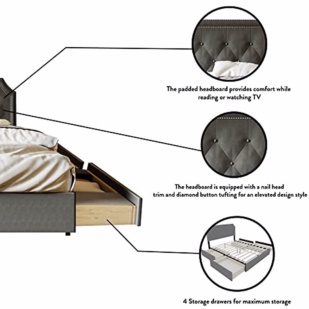 DG Casa Ardon Upholstered Platform Bed Frame with Storage Diamond Button Tufted Nailhead Trim Adjustable Height Headboard Full Wooden Slats - Queen Size Bed in Grey Fabric