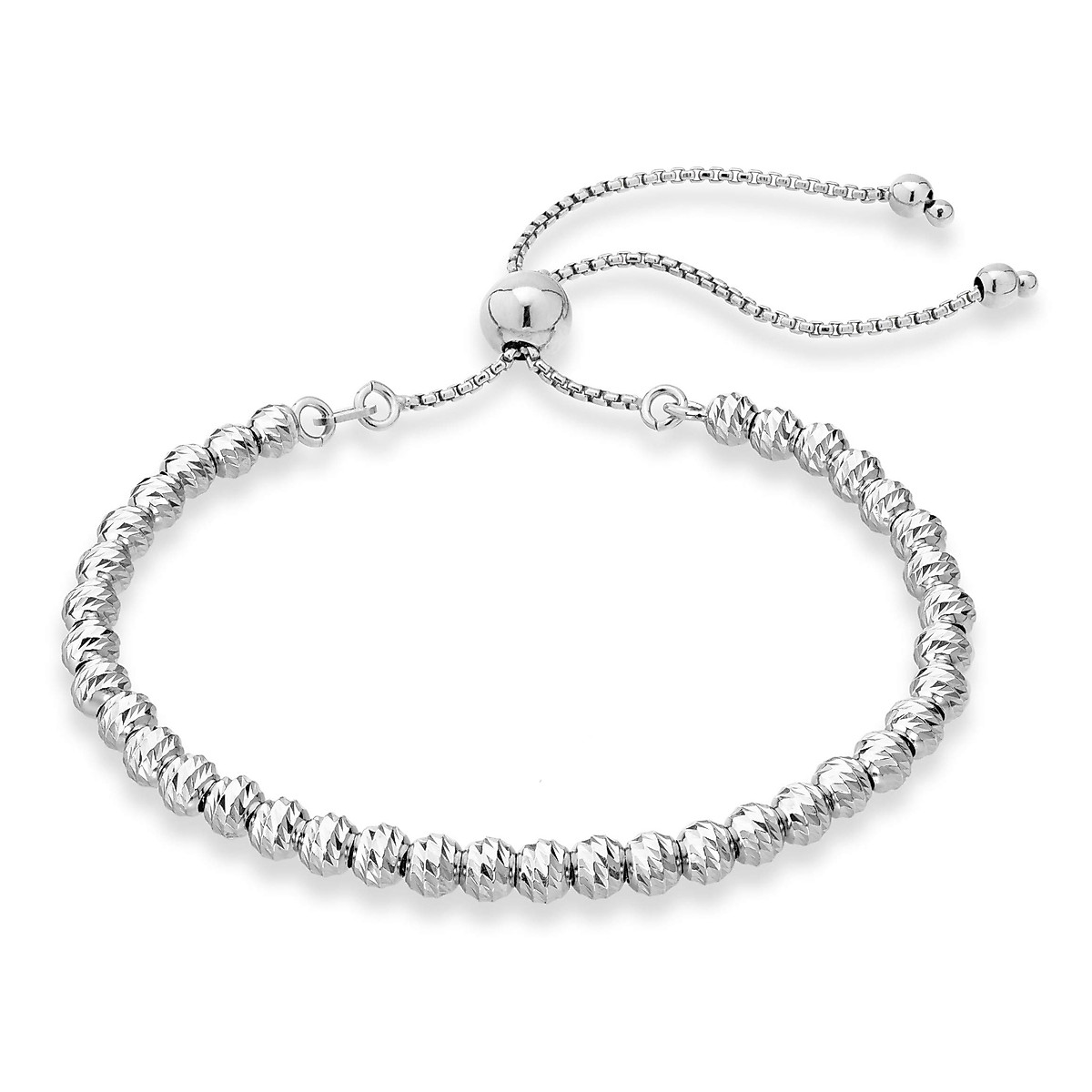 Miabella 925 Sterling Silver or Yellow Gold Over Silver Diamond-Cut Adjustable Bolo 4mm Bead Bracelet for Women, Handmade Italian Beaded Ball Chain Bracelet (sterling silver)