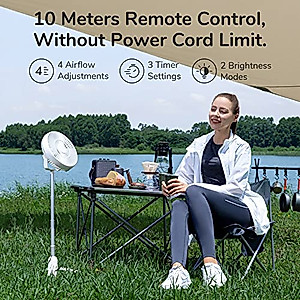 JISULIFE Camping Fan with LED Light, 8000mAh Battery Operated Fan, Telescopic Tripod, 4-IN-1 Multifunction Fan with Remote Control, Timer, 4 Speeds, Portable Floor Fan for Bedroom/Outdoor/Travel-White