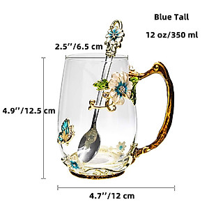 Tea Cup Glass Coffee Mugs(12 oz), Handmade Enamel Cups with Spoon Set, Mother's Day Gifts for Mom/Grandma, Birthday Wedding Anniversary Christmas Gifts for Women. (Light Blue,Tall)