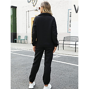 Kissonic Womens Two Piece Outfits Tracksuit Sets Half Zipper Fleece Joggers 2 Piece Long Sleeve Sweatshirts Jogger Pant(Black-L)
