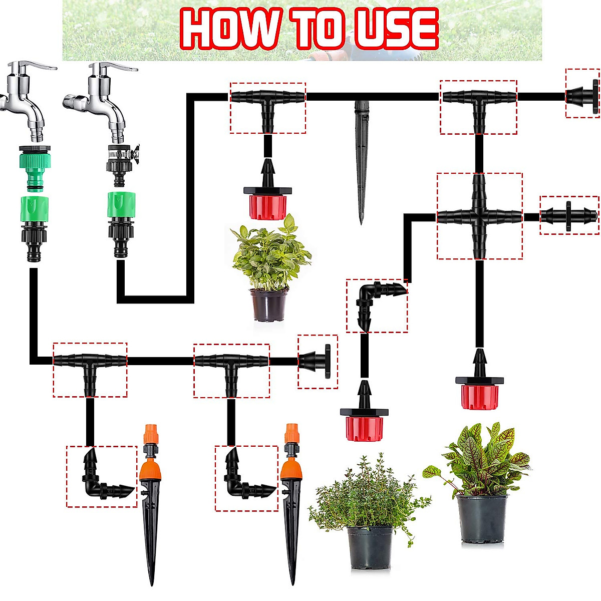 200 Pieces Irrigation Fittings Kit, Drip Irrigation Barbed Connectors for 1/4 Inch Water Hose Connectors, 80 Straight Barbs 60 Tees 20 Elbows 20 End Plug 20 4-Way Coupling for Garden Lawn Drip Systems