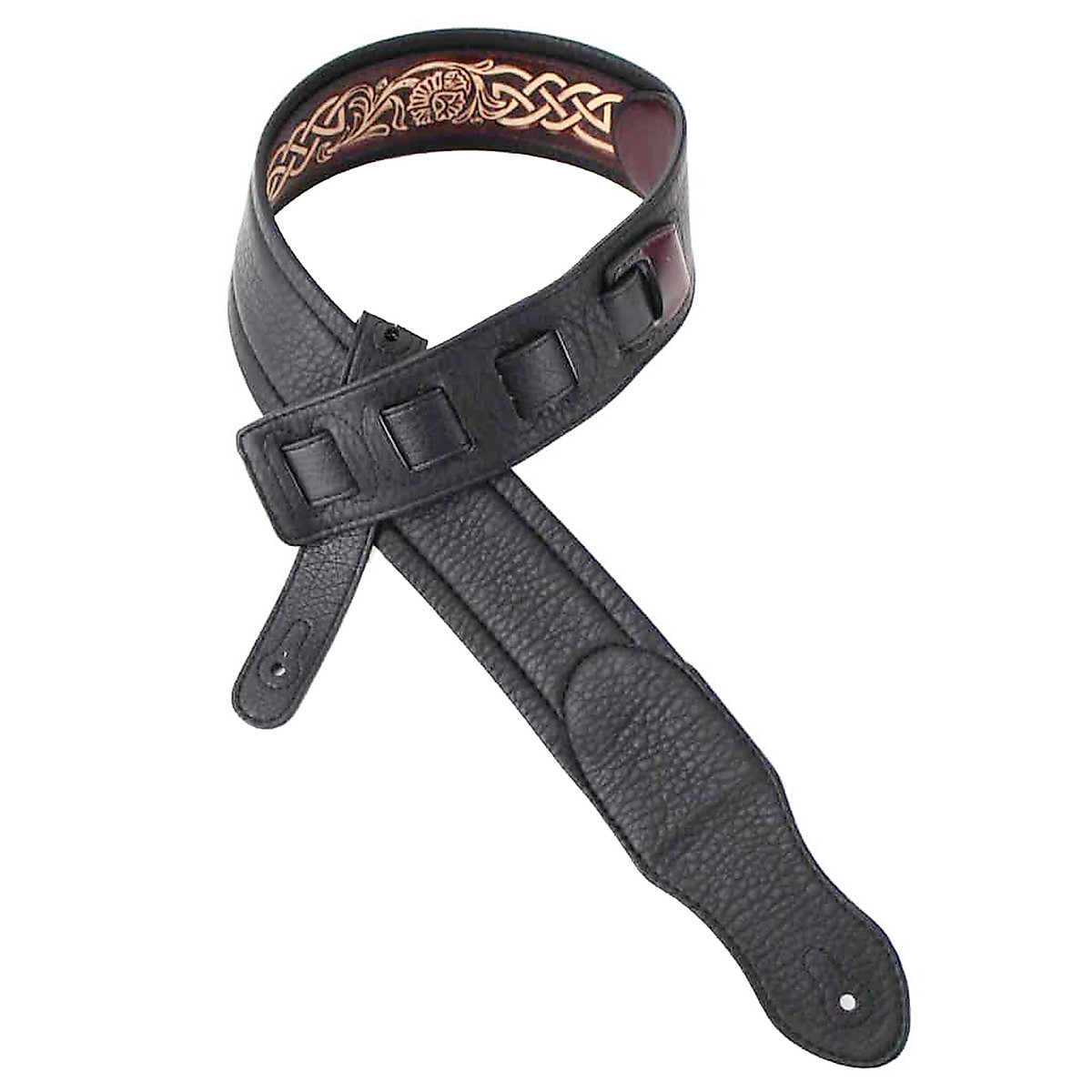 Walker & Williams KB-05-BRN Dark Walnut Full Grain Center Block Carving Leather Padded Guitar Strap With Aged White Celtic Chain