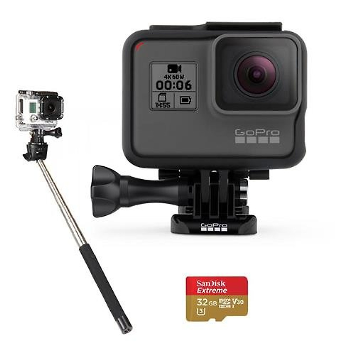 GoPro HERO6 Black CHDHX-601 + 32GB microSDHC Card + Micro HDMI Cable + Case for GoPro HERO4 and GoPro Accessories + Fibercloth Bundle (Selfie Stick)