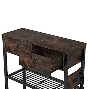 Rustic Industrial Console Table, Sofa Table ，Narrow Side Table with 2 Fabric Drawers, Small Entrance Table with 3 Storage Shelves, Side Table for Living Room, Hallway（31.5，Brown and Black）