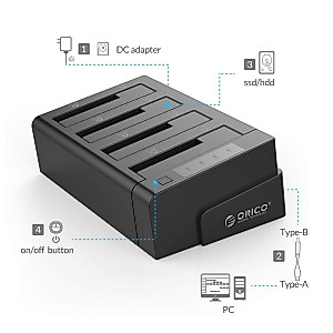 ORICO 4 Bay External Hard Drive Docking Station USB 3.2 Gen 1 to SATA I/II/III for 2.5''/3.5'' HDD SSD with Hard Drive Duplicator/Cloner Function Support UASP [4 x 20TB]-6648US3