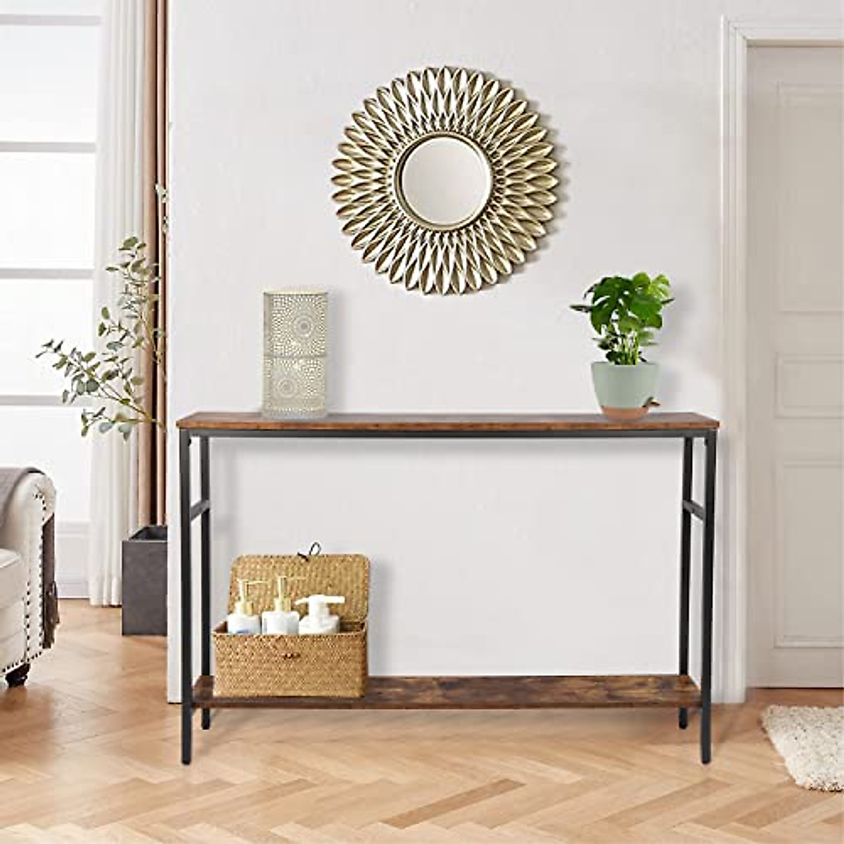 Timberer Narrow Console Table, 47 Inch Sofa Table with Adjustable Shelf, 2-Tier Long Skinny Table for Hallway, Entryway, Living Room, Foyer, Rustic Brown
