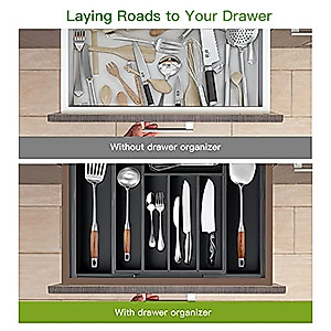 Pipishell Bamboo Expandable Drawer Organizer for Utensils Holder, Adjustable Cutlery Tray, Wood Drawer Dividers Organizer for Silverware, Flatware, Knives in Kitchen, Bedroom, Living Room (Black)