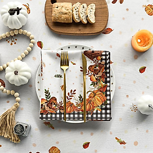 Horaldaily Fall Tablecloth 60x84 Inch Rectangular, Thanksgiving Autumn Harvest Pumpkin Mushroom Black Buffalo Plaid Table Cover for Party Picnic Dinner Decor