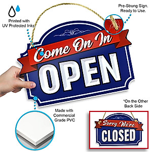 Bigtime Signs Open Closed Sign For Business Door - PVC 9" x 14" XL Reversible Double Sided with Rope for Hanging - Blue Background Open Signs For Business Decor | Modern Style Door Mount Sign
