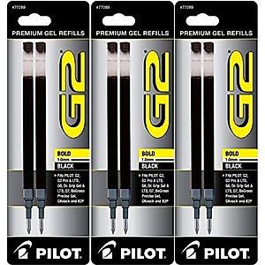 Pilot G2 Gel Ink Refill, 2-Pack for Rolling Ball Pens, Bold Point, Black Ink, Pack Of 3 = 6 Refills