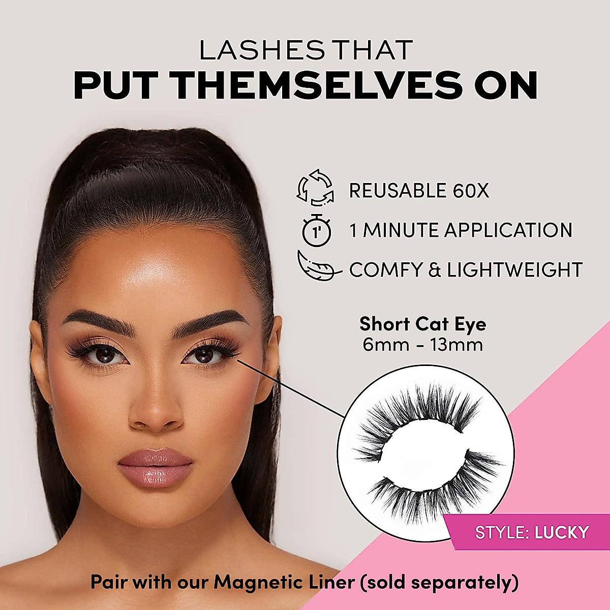 Glamnetic Magnetic Eyelashes - Lucky | Short Magnetic Lashes, 60 Wears Reusable High Volume Faux Mink Lashes, Cat Eye Flared - 1 Pair