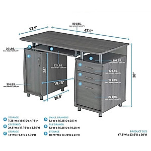 Pemberly Row 48" Wide Home Office Computer Desk in Gray with CPU Storage Cabinet and Hanging File Cabinet, Grey