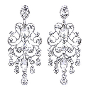 BriLove Wedding Bridal Dangle Earrings for Women Vintage Style Crystal Drop Hollow Filigree Chandelier Dangle Earrings Clear Silver-Tone