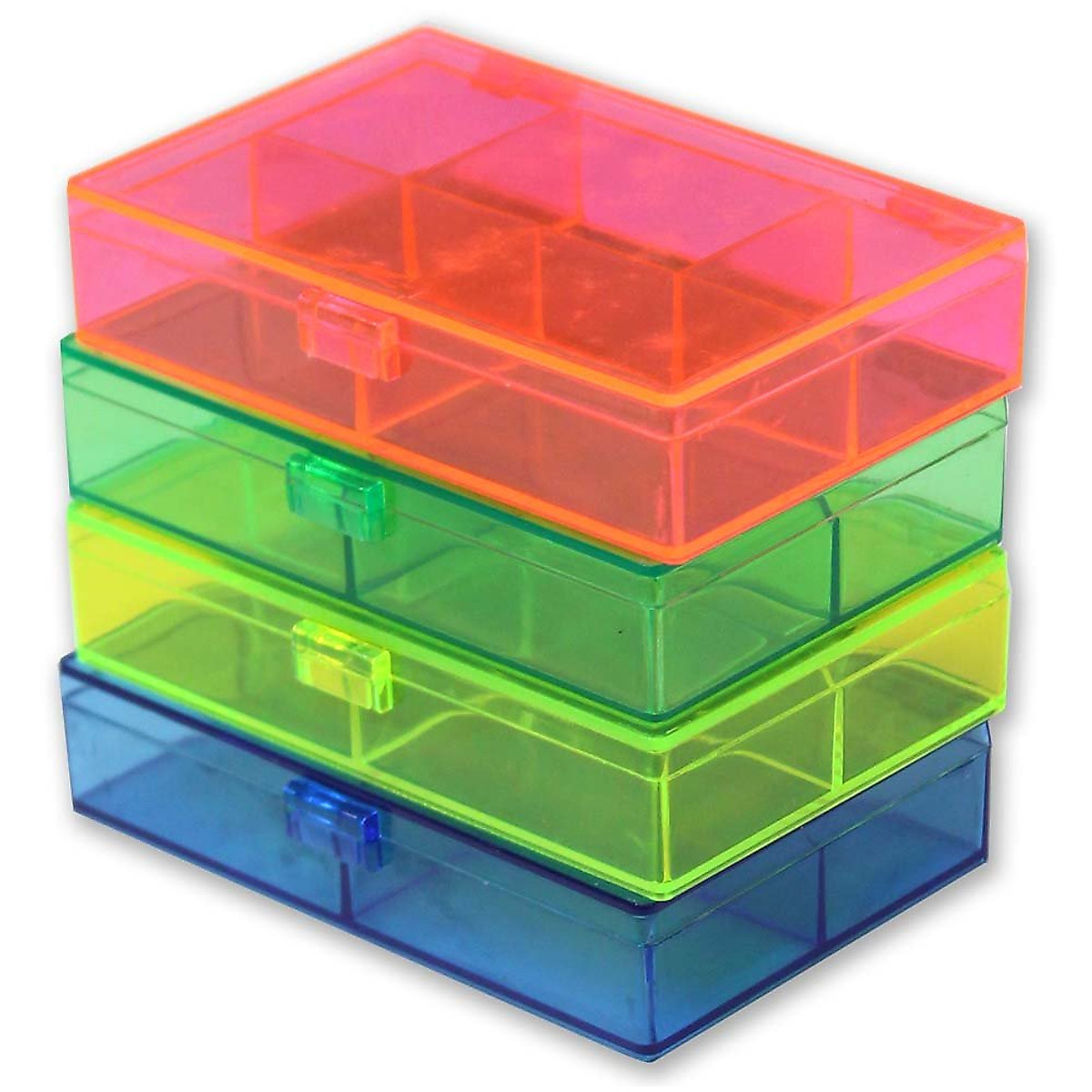 BIN BUDDY Set of 4 | Colored Transparent Plastic Boxes | 4.5" (11.4 cm) x 3" (7.6 cm) x 1" (2.5 cm) | Hinged Lids, 5 Internal Sections | For Crafts, Sewing