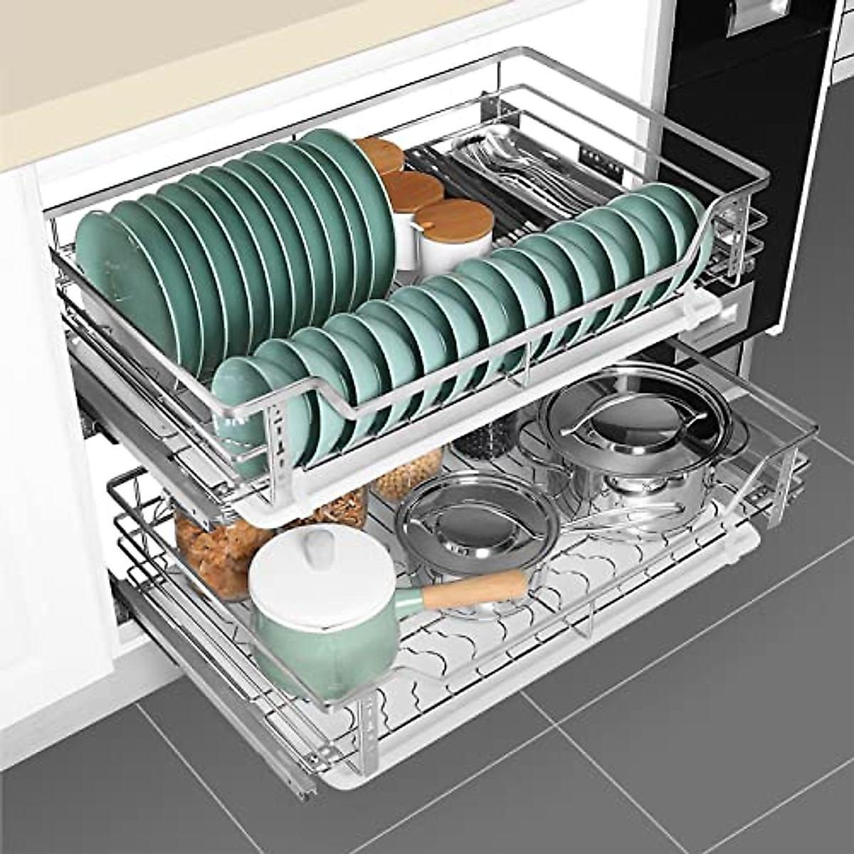 Pull Out Cabinet Drawer Organizer Heavy Duty Telescopic Double Tier Wire Basket Slide Out Shelf Storage 304 Stainless Steel Slide Out Cabinet Organizer for Cupboard, Pantry, Chrome (49W*42D*13H(cm))